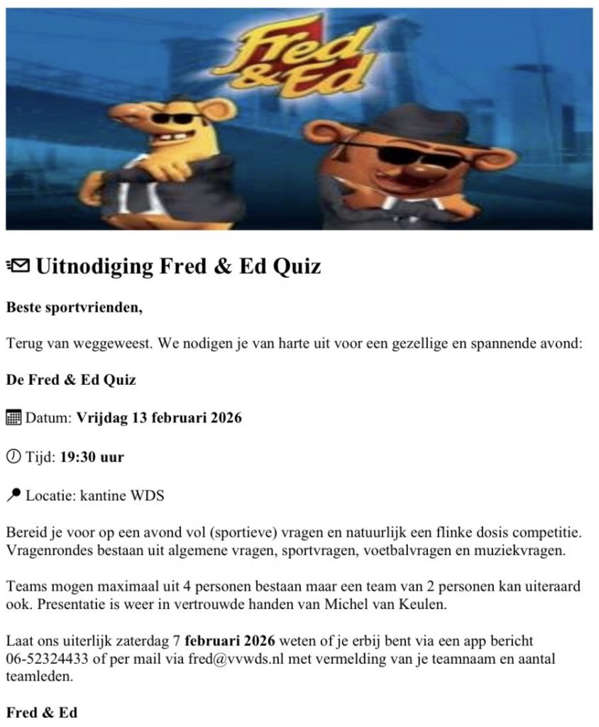 Fred & Ed quiz 13 februari | Voetbalvereniging WDS